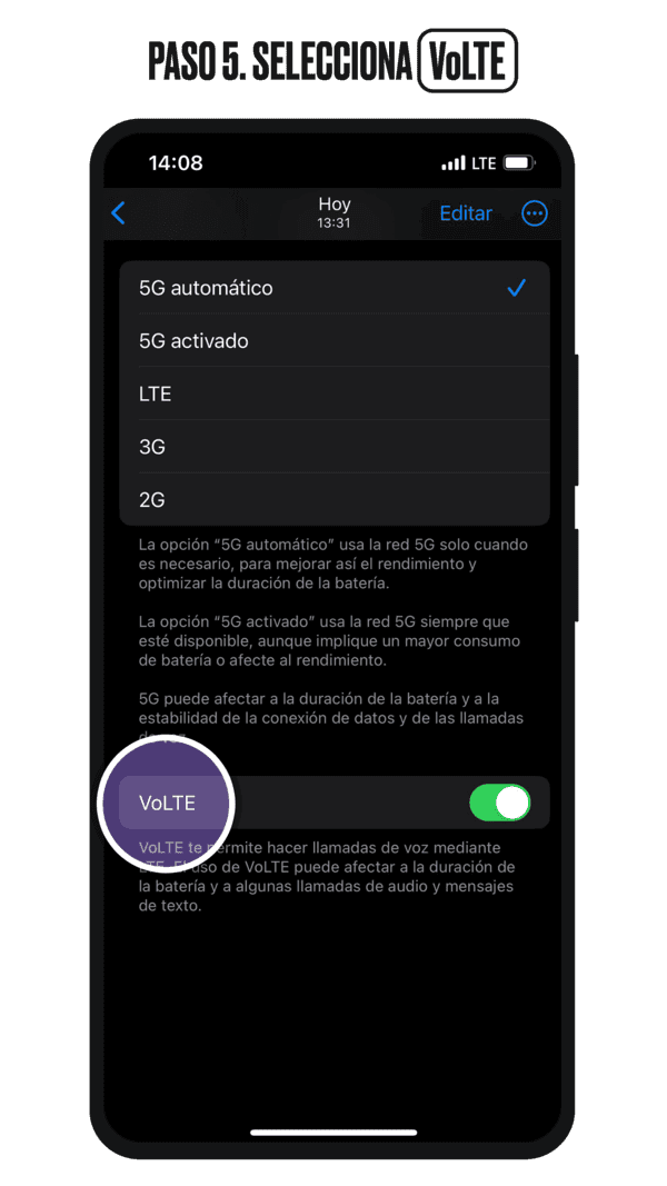 Verifica que VoLTE está activado: